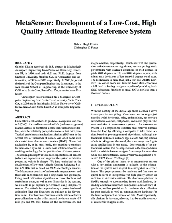 (PDF) MetaSensor: Development of a Low-Cost, High Quality Attitude Heading Reference System