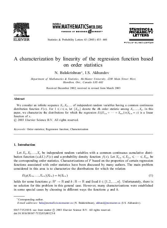 (PDF) A characterization by linearity of the regression function based on order statistics