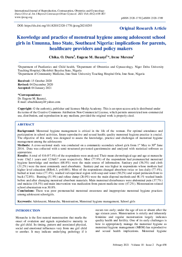 Pdf Knowledge And Practice Of Menstrual Hygiene Among Adolescent