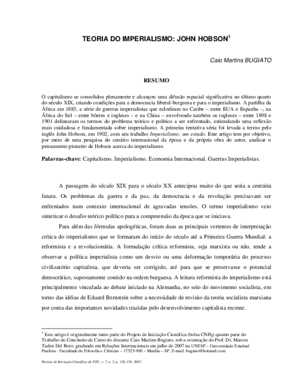 (PDF) Theory on imperialism: John Hobson/ Teoria do imperialismo: John ...