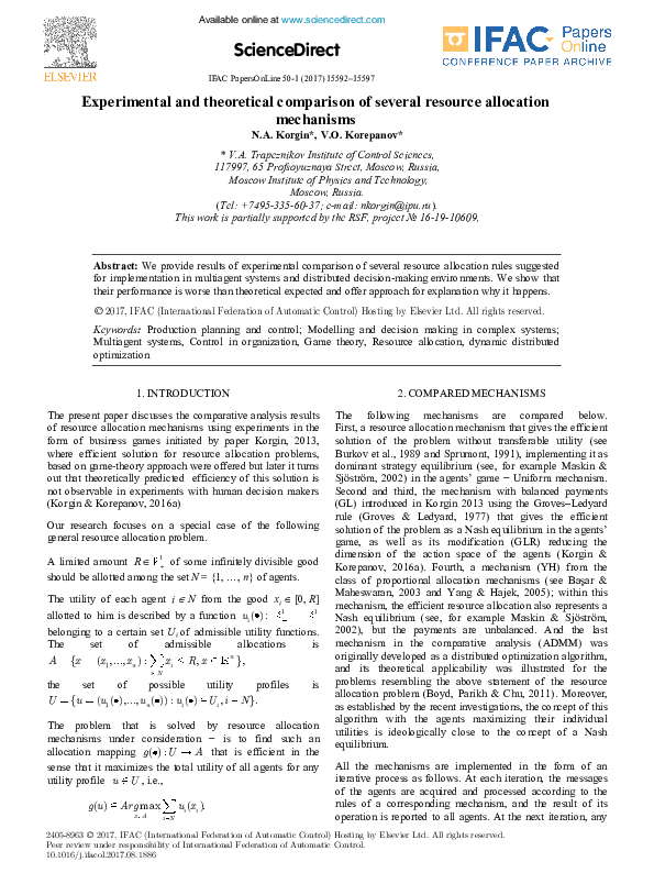 (PDF) Experimental and theoretical comparison of several resource allocation mechanisms