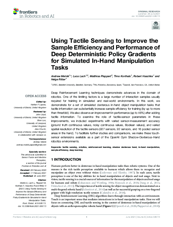 (PDF) Using Tactile Sensing to Improve the Sample Efficiency and Performance of Deep ...