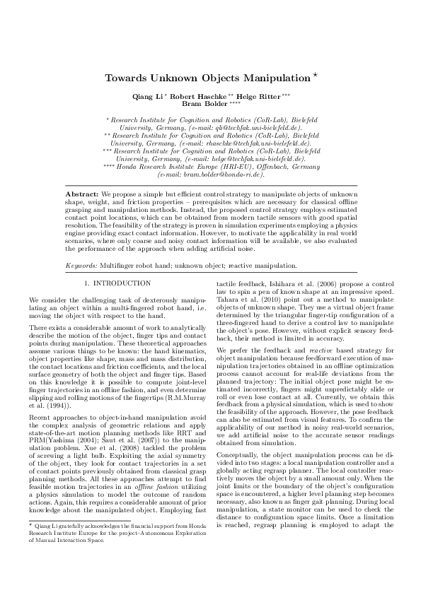 (PDF) Towards Manipulation of Unknown Objects