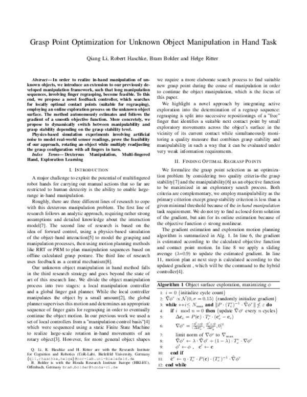 (PDF) Optimizing Grasp Points for Unknown Objects