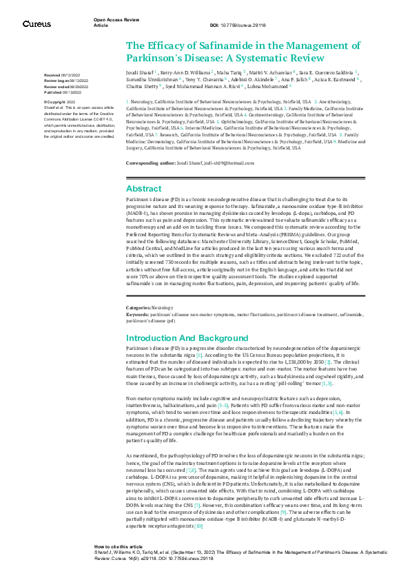 (PDF) Safinamide's Role in Parkinson's Disease Management: A Review