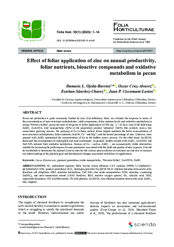 (PDF) Effect of foliar application of zinc on annual productivity, foliar nutrients, bioactive ...