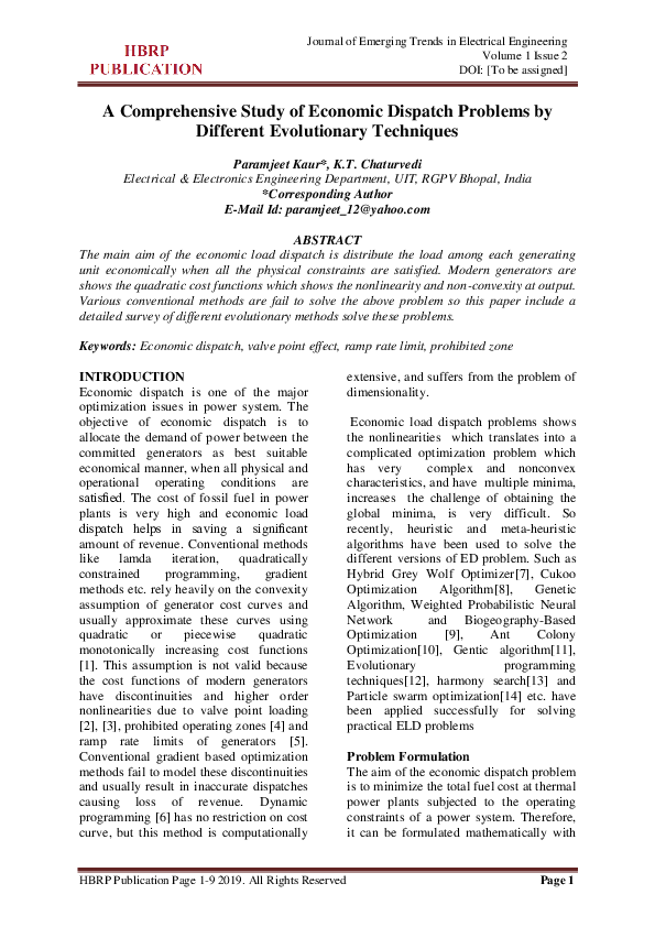 (PDF) A Comprehensive Study of Economic Dispatch Problems by Different Evolutionary Techniques