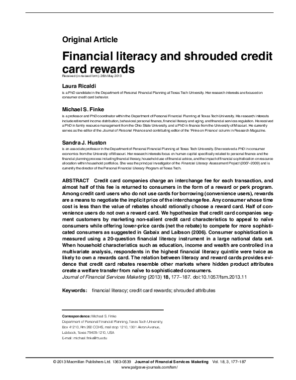 (PDF) Financial literacy and shrouded credit card rewards