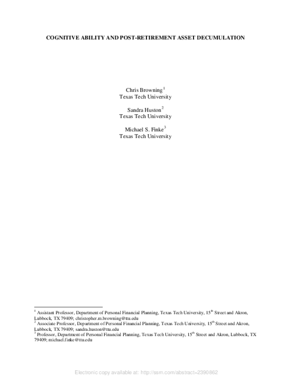 (PDF) Cognitive Ability and Post-Retirement Asset Decumulation