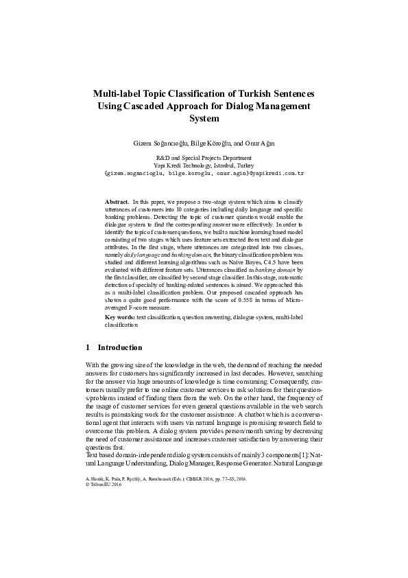 Pdf Multi Label Topic Classification Of Turkish Sentences Using Cascaded Approach For Dialog