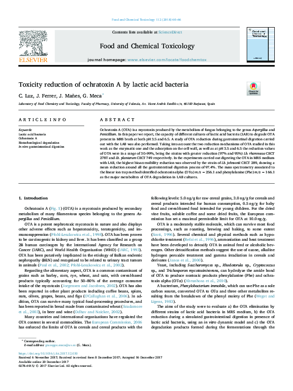 (PDF) Toxicity reduction of ochratoxin A by lactic acid bacteria