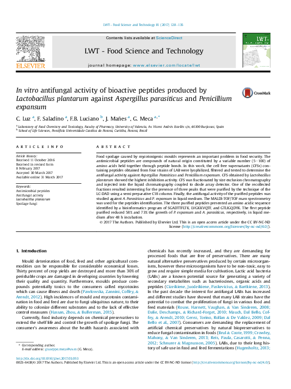 (PDF) In vitro antifungal activity of bioactive peptides produced by Lactobacillus plantarum ...