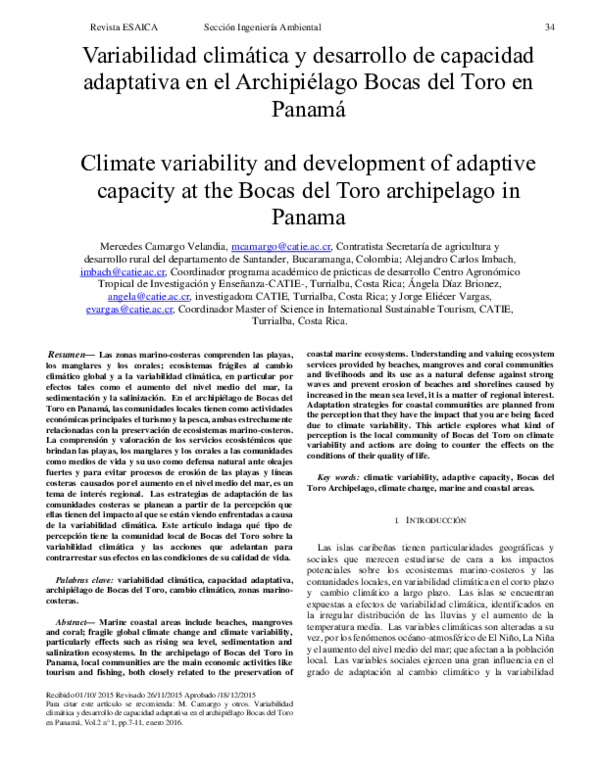 (PDF) Variabilidad climática y desarrollo de capacidad adaptativa en el archipiélago Bocas del ...