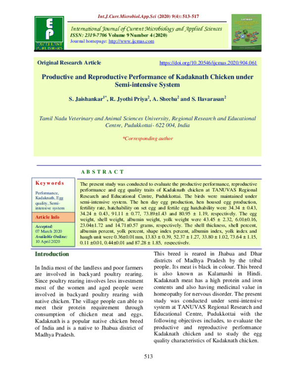 (PDF) Productive and Reproductive Performance of Kadaknath Chicken under Semi-intensive System