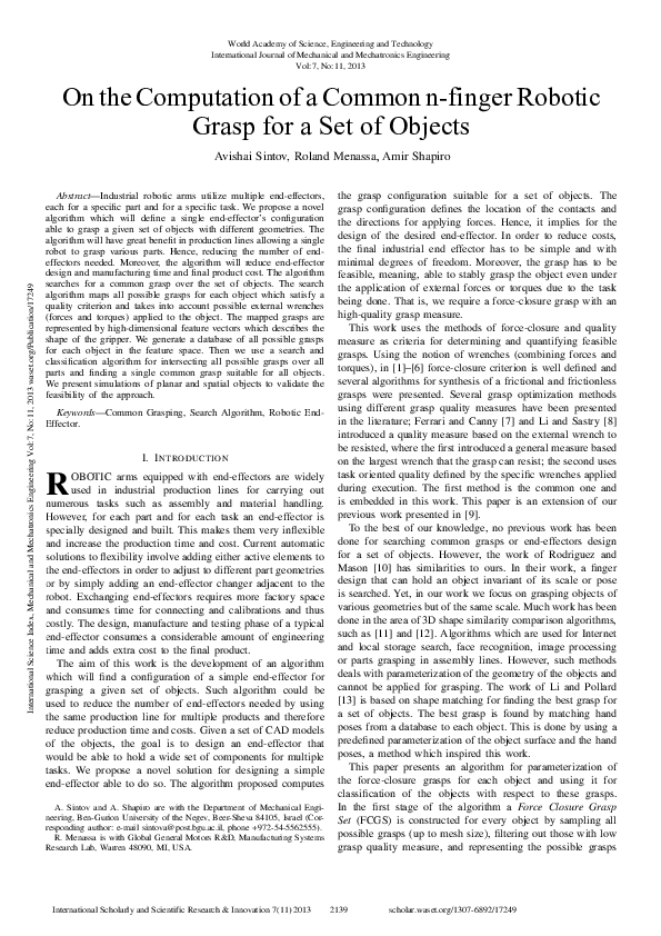 Pdf On The Computation Of A Common N Finger Robotic Grasp For A Set