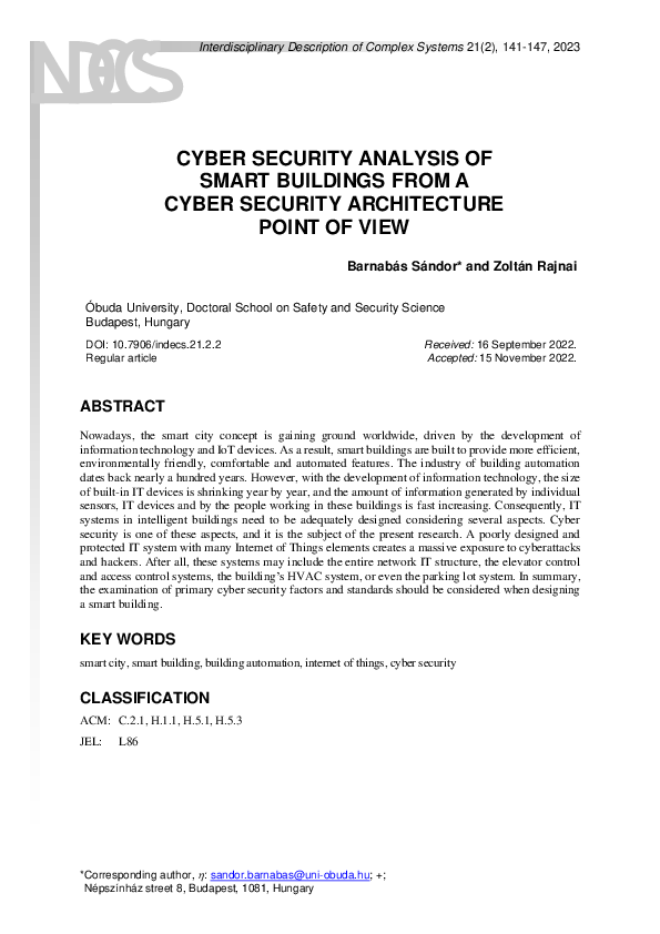 (PDF) Cyber Security Analysis of Smart Buildings from a Cyber Security Architecture Point of View