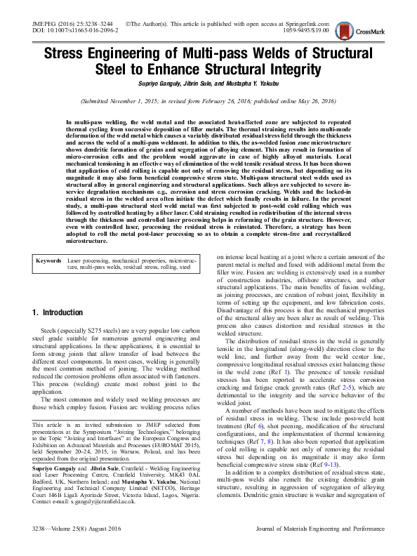 (PDF) Stress Engineering of Multi-pass Welds of Structural Steel to Enhance Structural Integrity ...