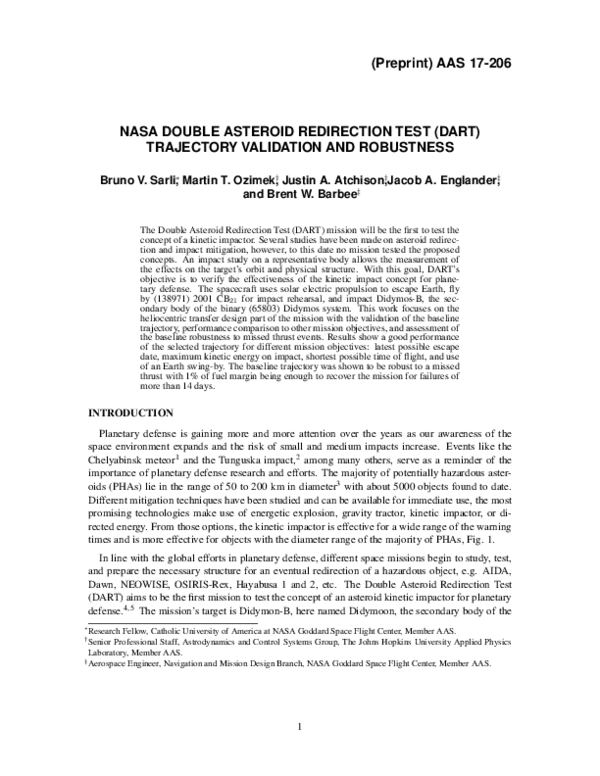 (PDF) NASA Double Asteroid Redirection Test (Dart) Trajectory ...