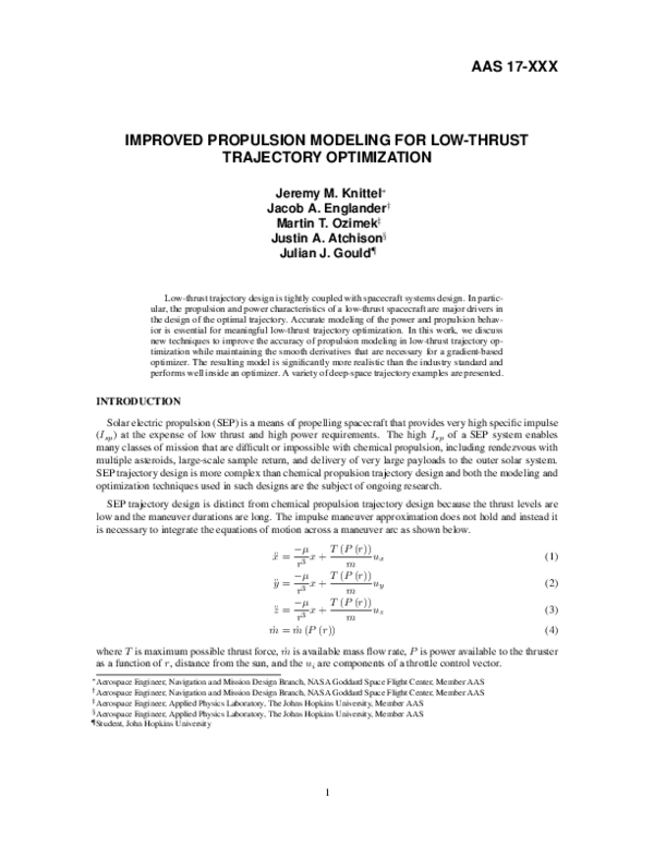 Pdf Improved Propulsion Modeling For Low Thrust Trajectory Optimization