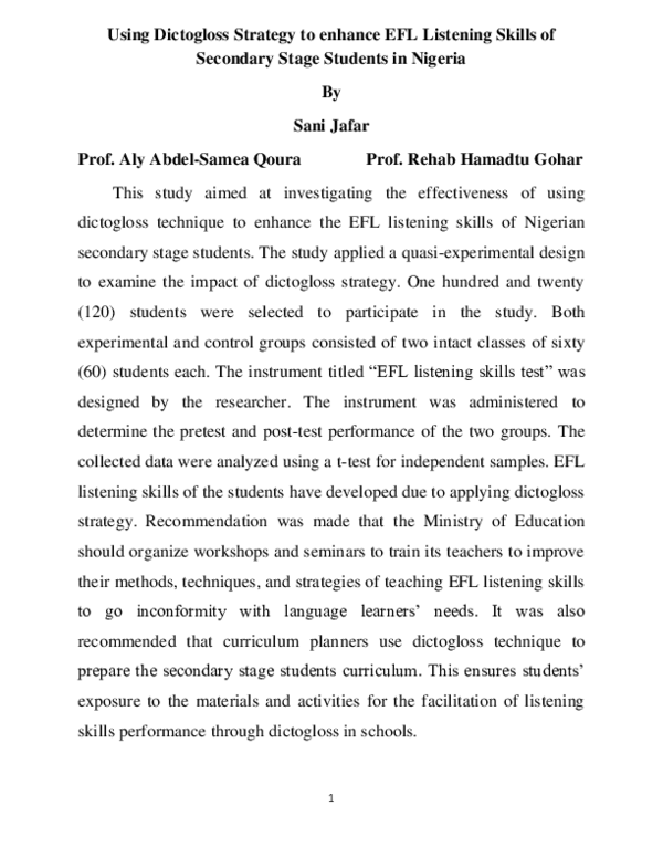 (PDF) Using Dictogloss Strategy to enhance EFL Listening Skills of ...
