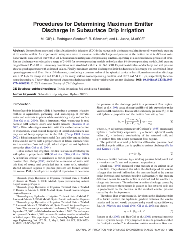 (PDF) Procedures for Determining Maximum Emitter Discharge in Subsurface Drip Irrigation