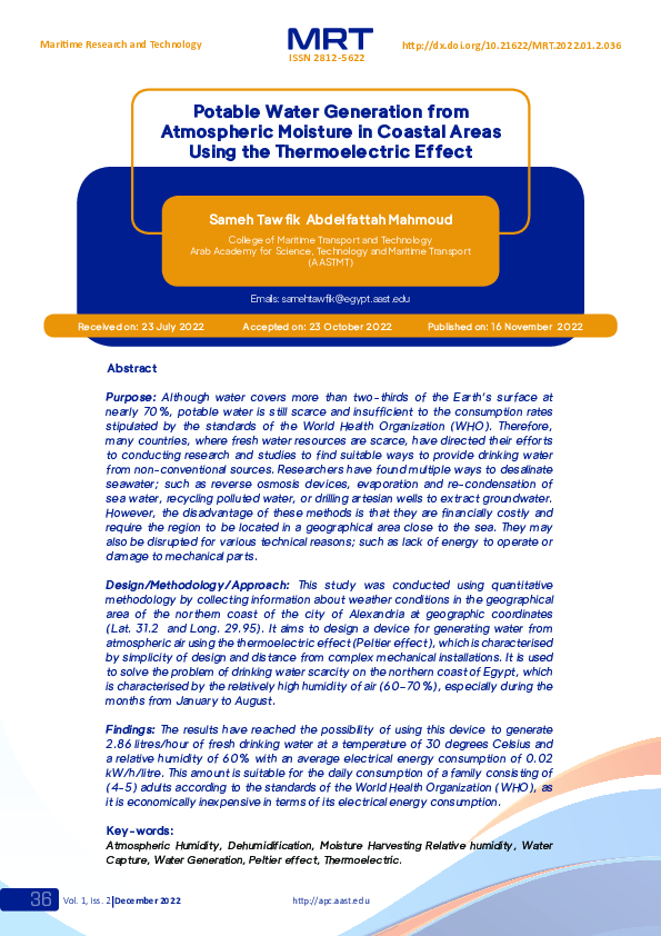 (PDF) Potable water generation from atmospheric moisture in coastal ...