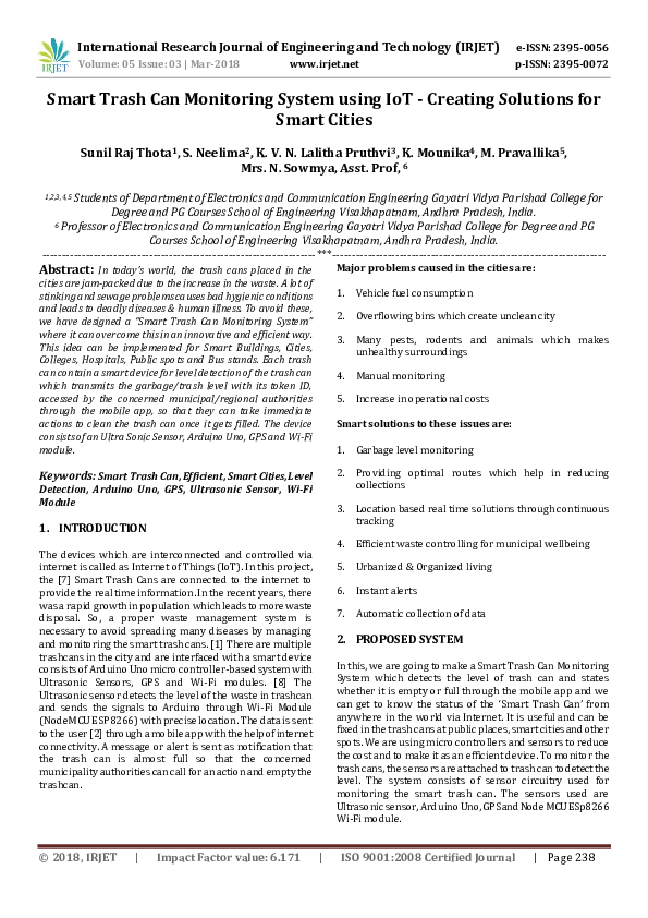 (PDF) Smart Trash Can Monitoring System using IoT - Creating Solutions ...