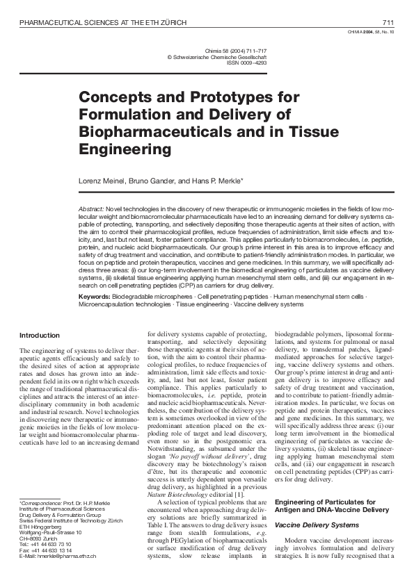 (PDF) Biopharmaceutical Delivery Systems and Tissue Engineering Advances