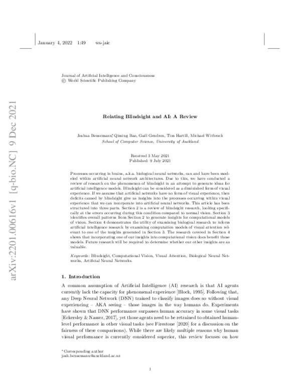(PDF) Relating Blindsight and AI: A Review