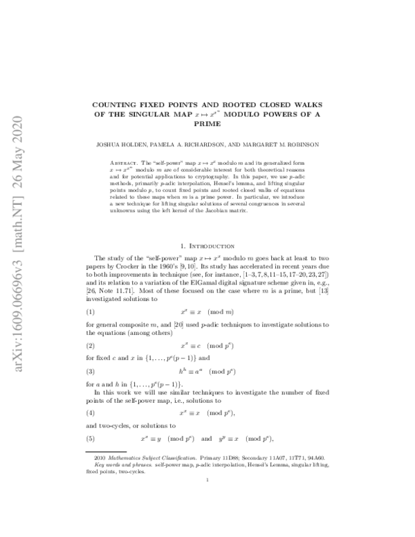 (PDF) Counting fixed points and two-cycles of the singular map $x \mapsto x^{x^n}$ modulo powers ...