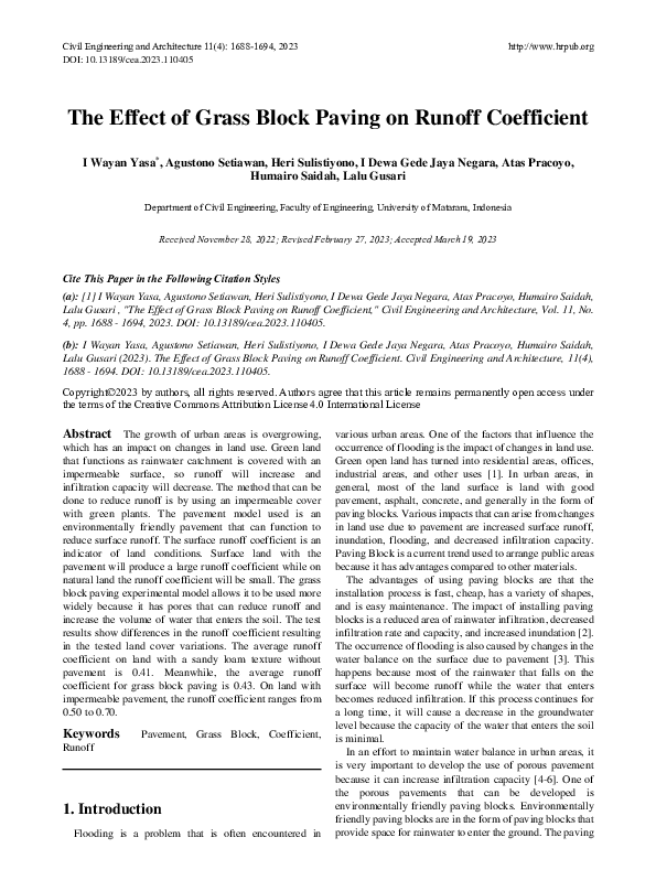 Pdf The Effect Of Grass Block Paving On Runoff Coefficient