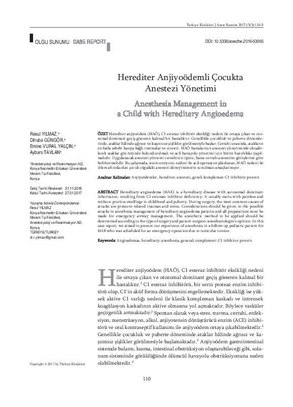 (PDF) Anesthesia Management in a Child with Hereditery Angioedema