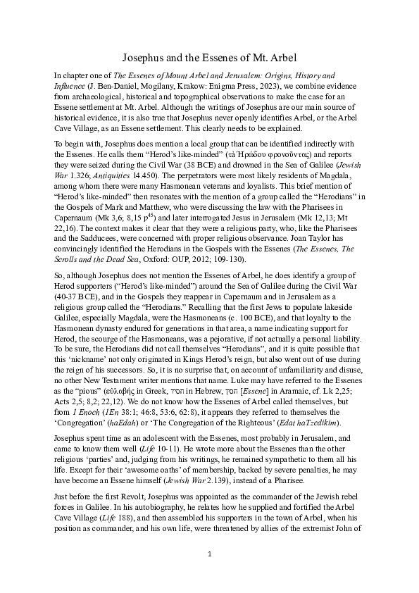 (PDF) Josephus and the Essenes of Mt. Arbel