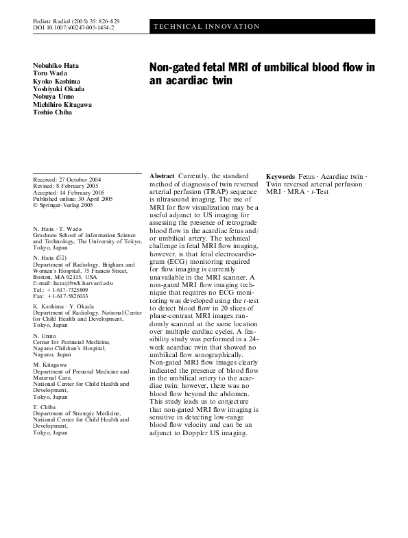 (PDF) Non-gated fetal MRI of umbilical blood flow in an acardiac twin ...