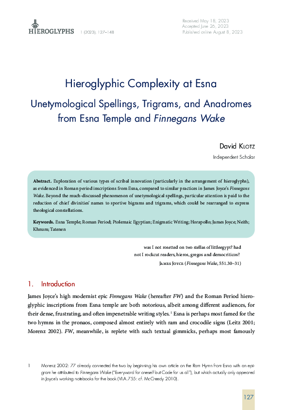 (PDF) Hieroglyphic Complexity at Esna: Unetymological Spellings ...