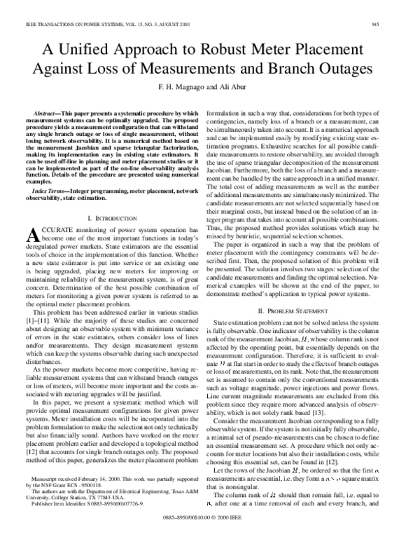 (PDF) A unified approach to robust meter placement against loss of measurements and branch outages