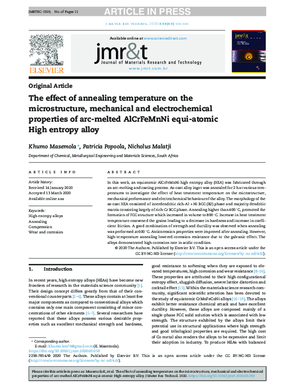 (PDF) The effect of annealing temperature on the microstructure, mechanical and electrochemical ...