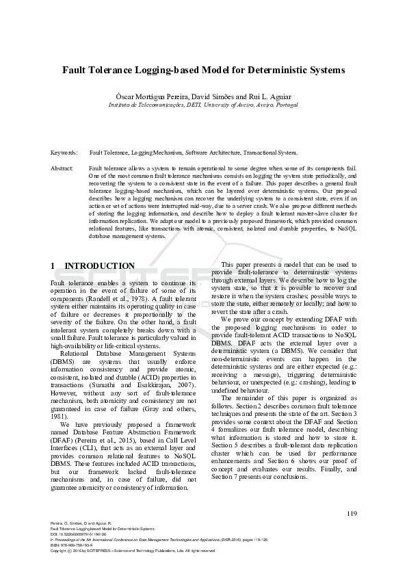 (PDF) Fault Tolerance Logging-based Model for Deterministic Systems