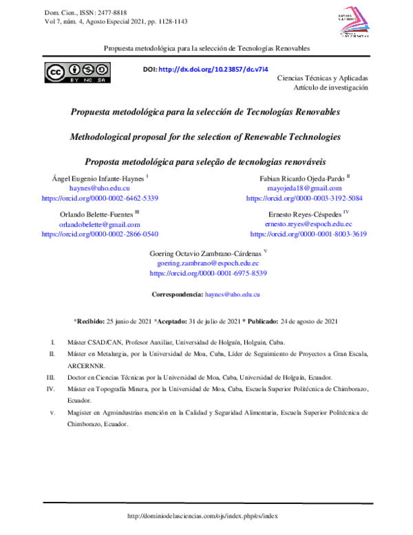 (PDF) Propuesta metodológica para la selección de Tecnologías Renovables | Angel Eugenio Infante ...