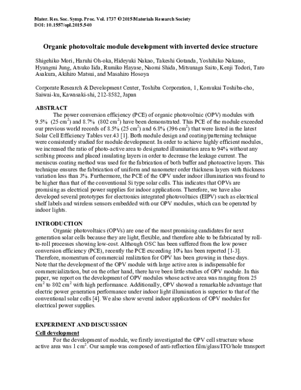 (PDF) Organic photovoltaic module development with inverted device ...