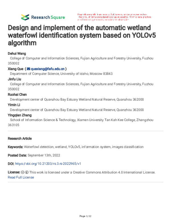 (PDF) Design and implement of the automatic wetland waterfowl identification system based on ...