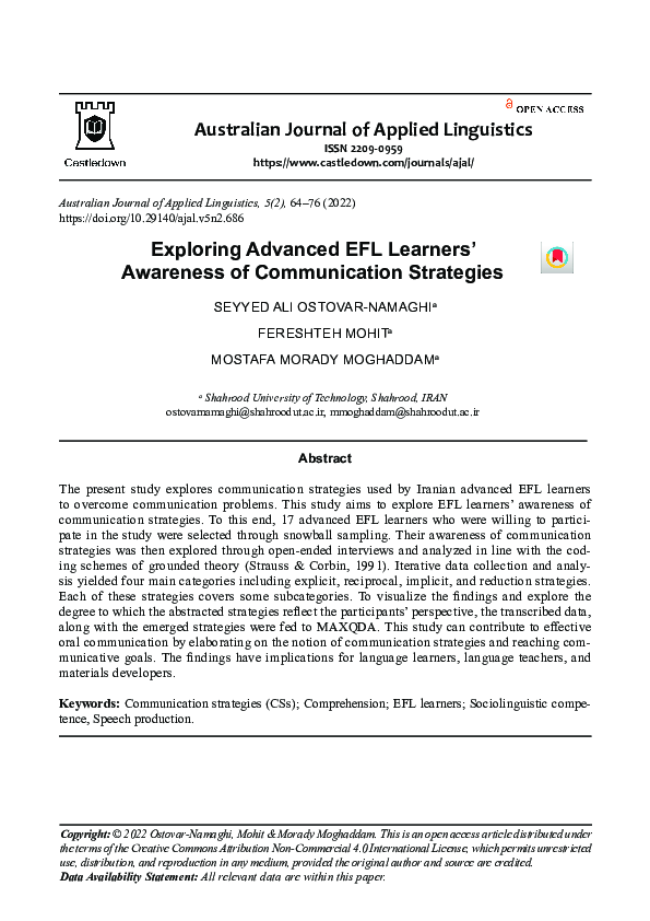 (PDF) Exploring advanced EFL learners’ awareness of communication strategies