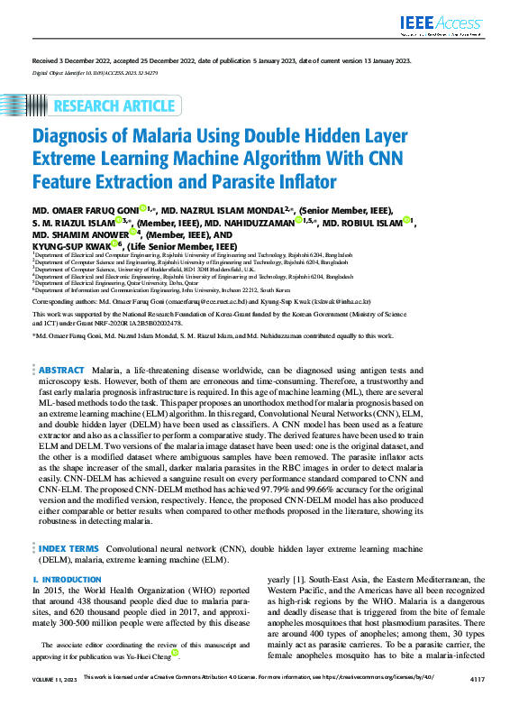 (PDF) Diagnosis of Malaria Using Double Hidden Layer Extreme Learning Machine Algorithm With CNN ...
