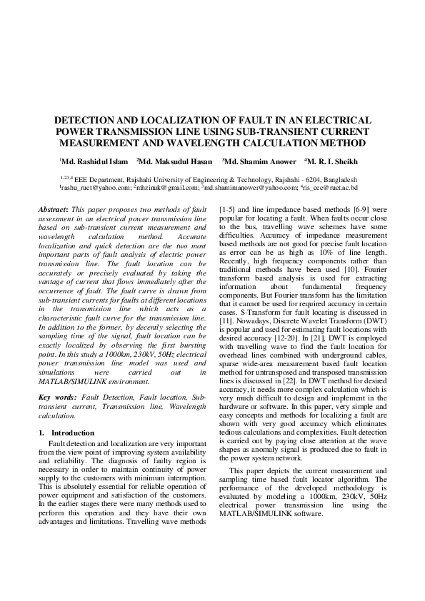 (PDF) Detection and Localization of Fault in an Electrical Power Transmission Line Using Sub ...