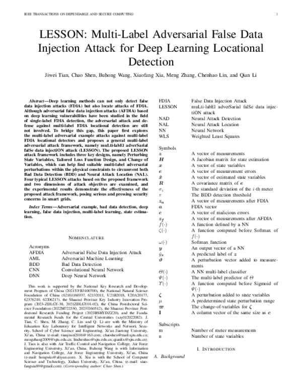 (PDF) LESSON: Multi-Label Adversarial False Data Injection Attack for Deep Learning Locational ...