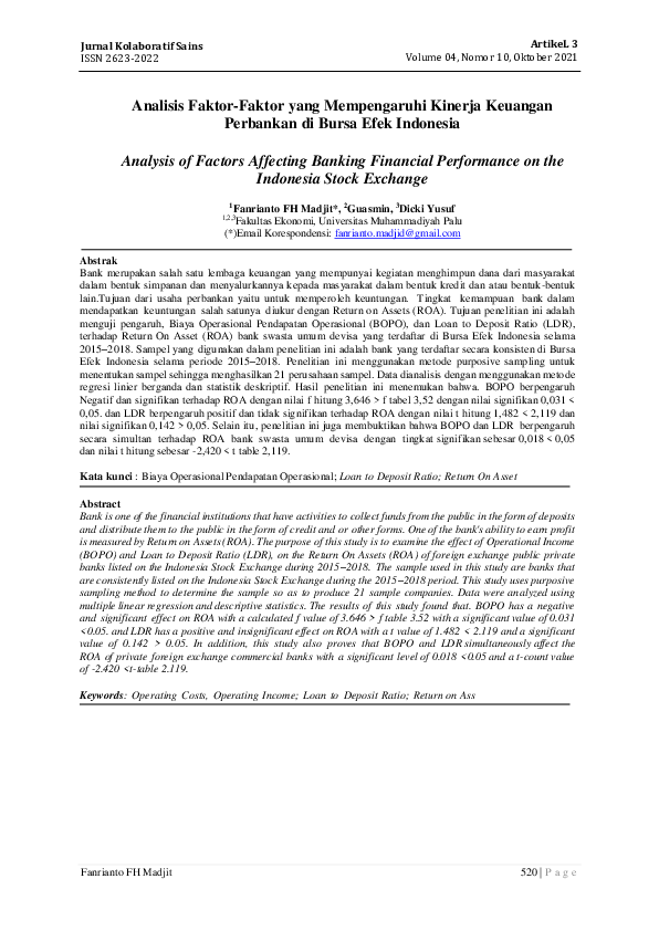 (PDF) Analisis Faktor-Faktor yang Mempengaruhi Kinerja Keuangan Perbankan di Bursa Efek ...