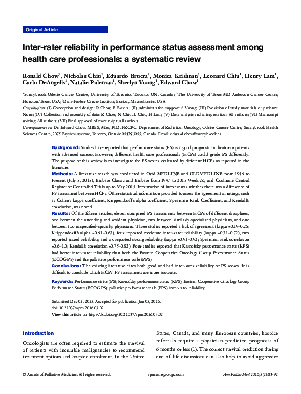 (PDF) Inter-rater reliability in performance status assessment between clinicians and patients ...