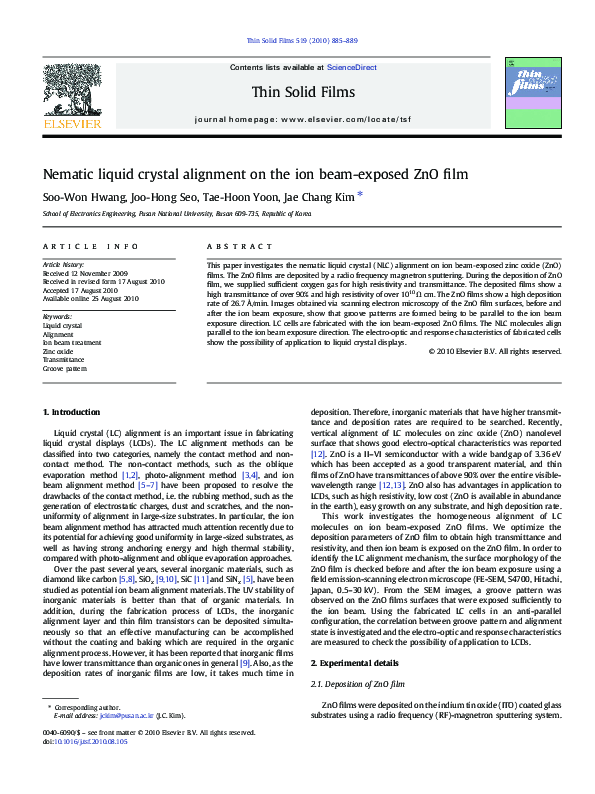 (PDF) Nematic liquid crystal alignment on the ion beam-exposed ZnO film
