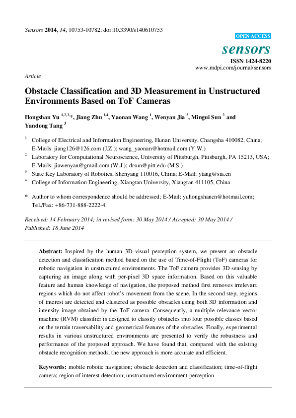(PDF) Obstacle Classification and 3D Measurement in Unstructured Environments Based on ToF Cameras