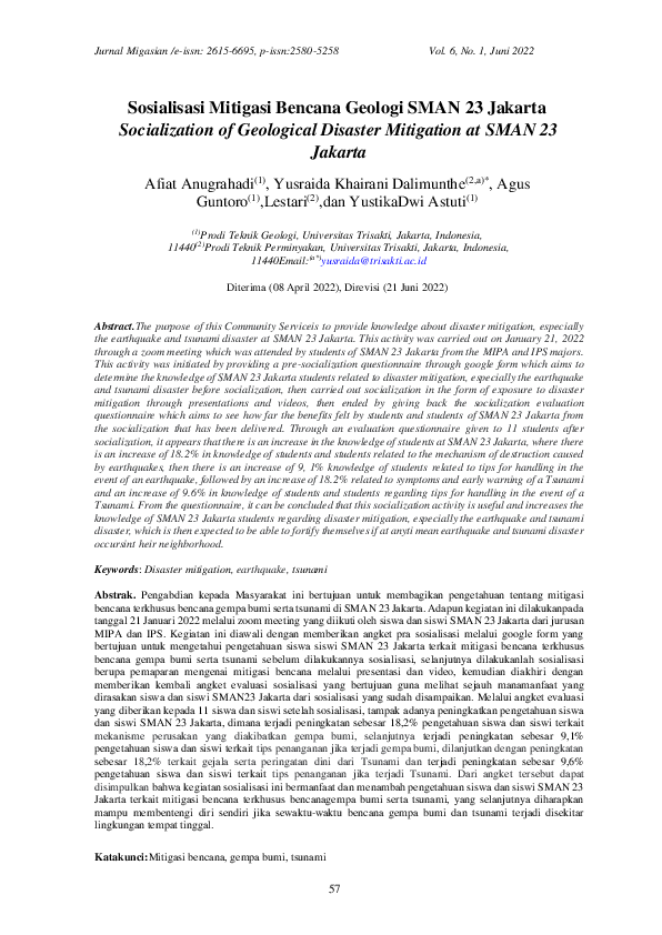 (PDF) Socialization of Geological Disaster Mitigation at SMAN 23 Jakarta